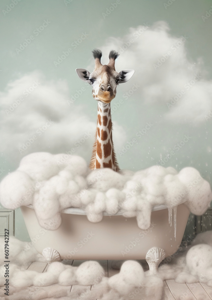 Giraffe in bubble Foam Bath, giraffe bathing in the bathtub, funny ...