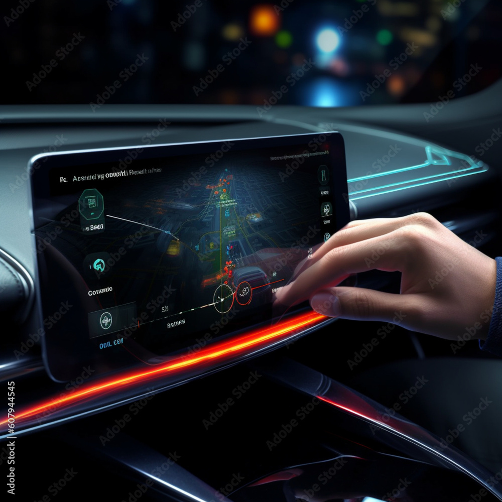 Touching the screen on the car dashboard. Generative AI. Stock ...