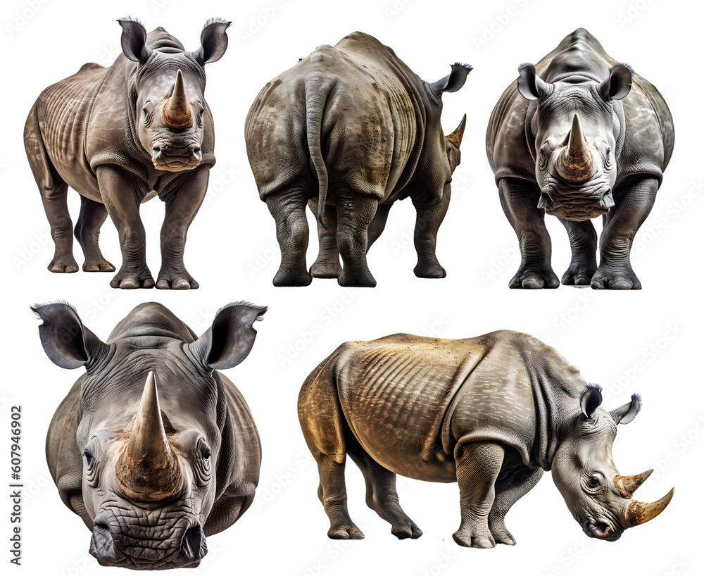 Rhino rhinoceros, many angles and view portrait side back head shot ...
