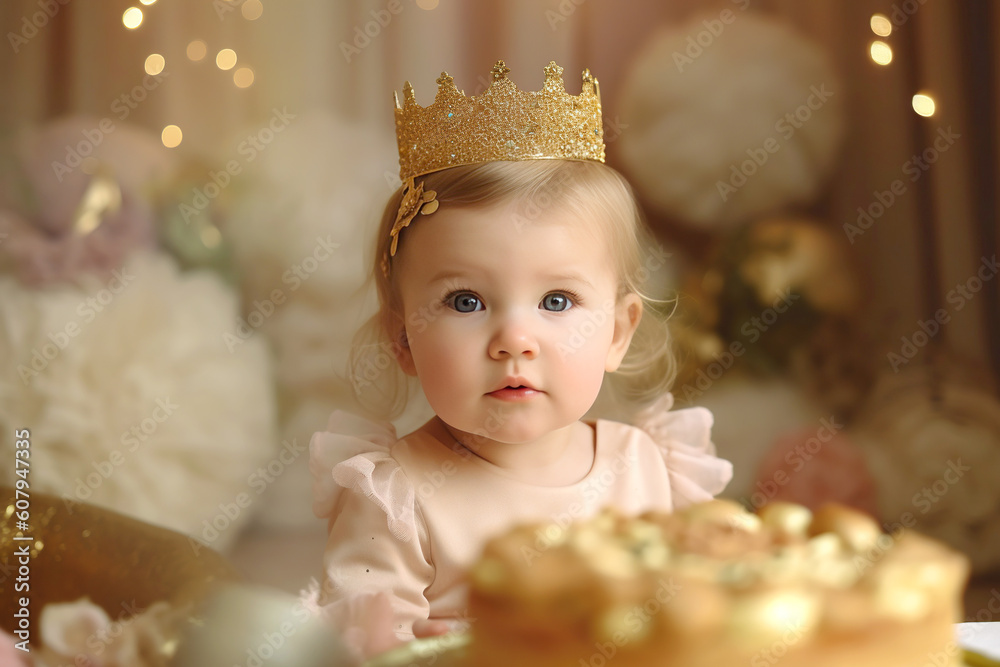 Portrait of charming baby girl wearing princess crown celebrating her ...