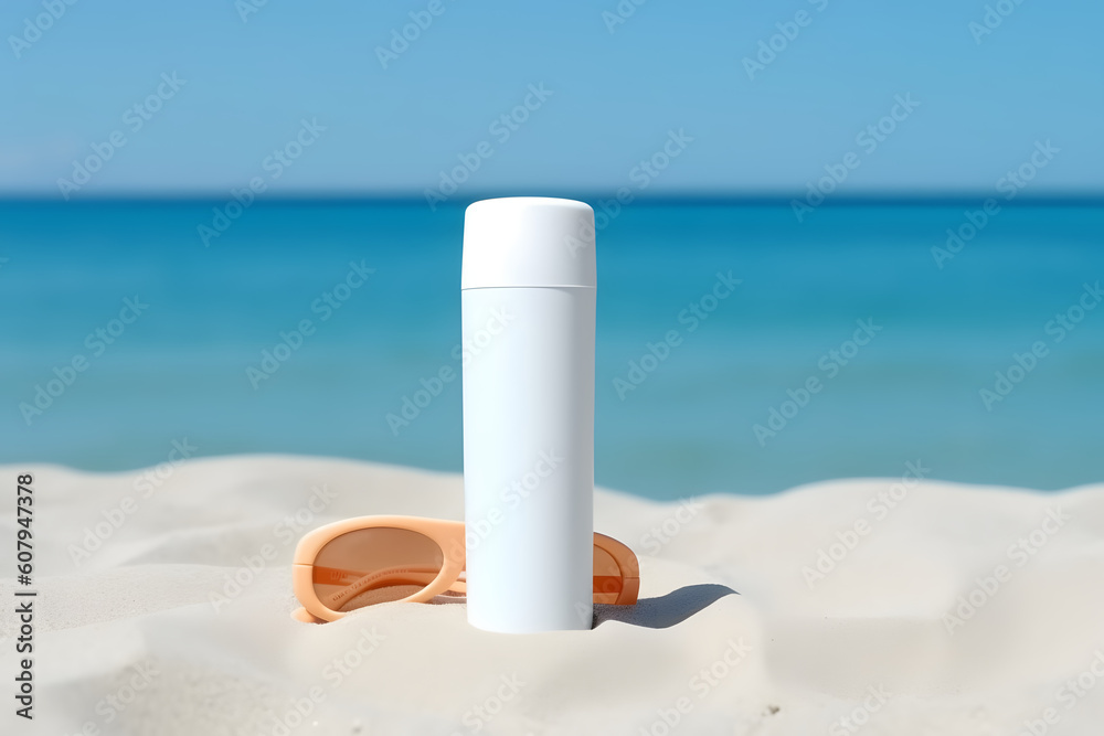 Blank empty white plastic tube. Sunscreen lotion on sandy beach, summer ...