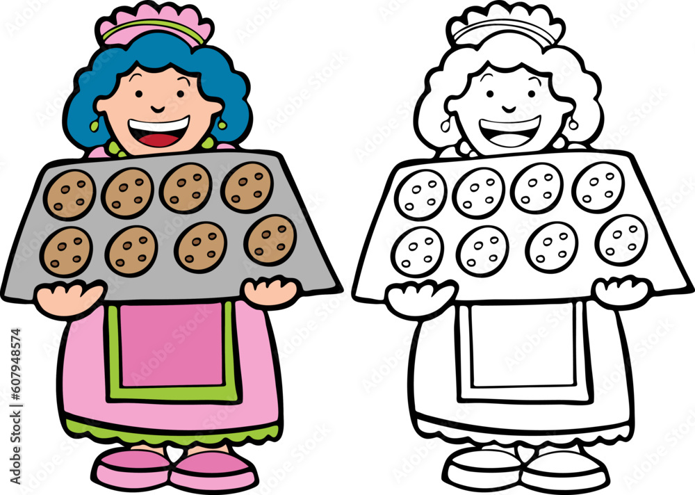 Cartoon image of a lady serving cookies - color and black / white ...