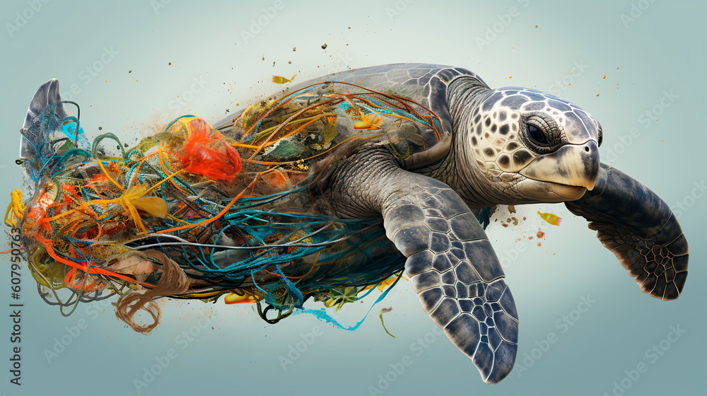 An illustration of a turtle entangled in plastic waste highlighting the ...