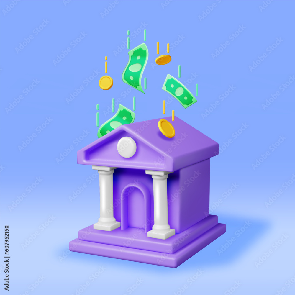 3D Bank Building and Cash Money. Render Financial House Icon ...