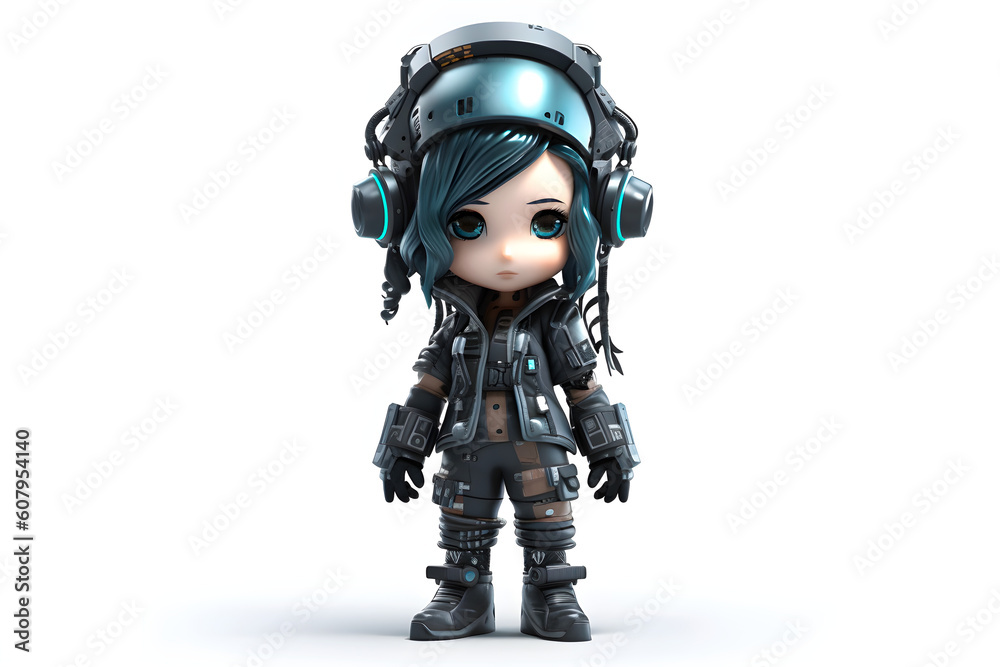 Cute girl wearing techwear on a white background. Adorable chibi 3d ...