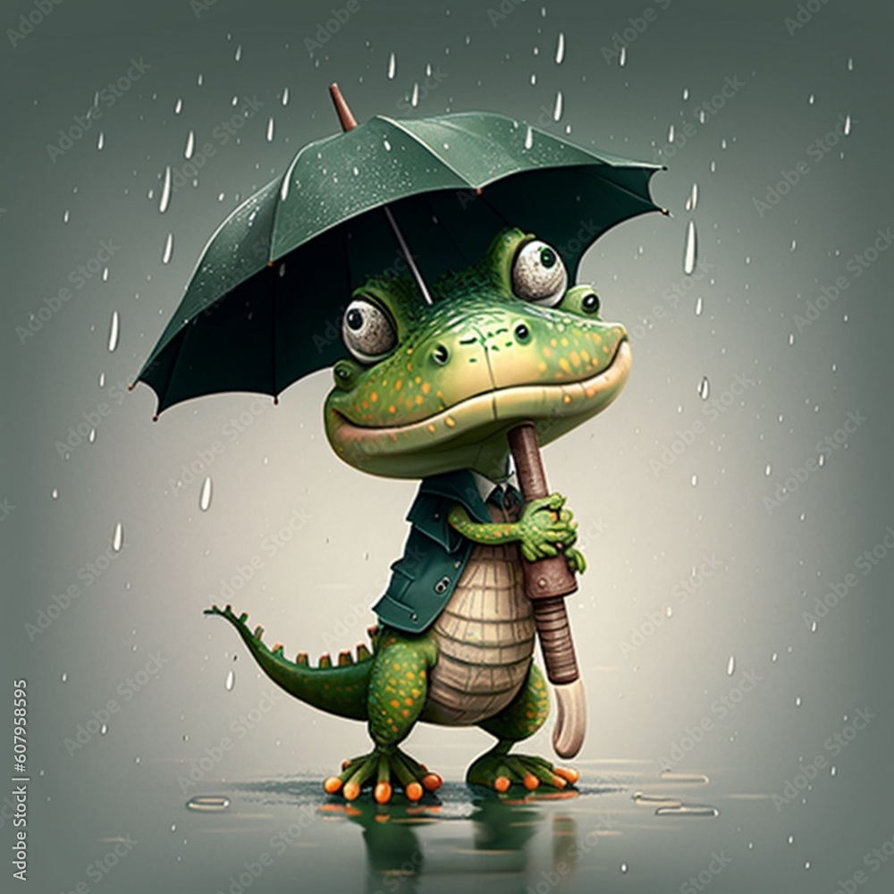 Cute Cartoon Alligator Character Holding an Umbrella in the Rain ...