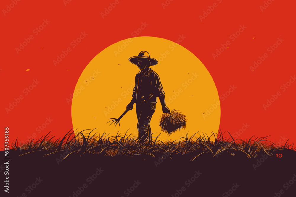 Doodle inspired Farmer harvesting the crops, cartoon sticker, sketch ...