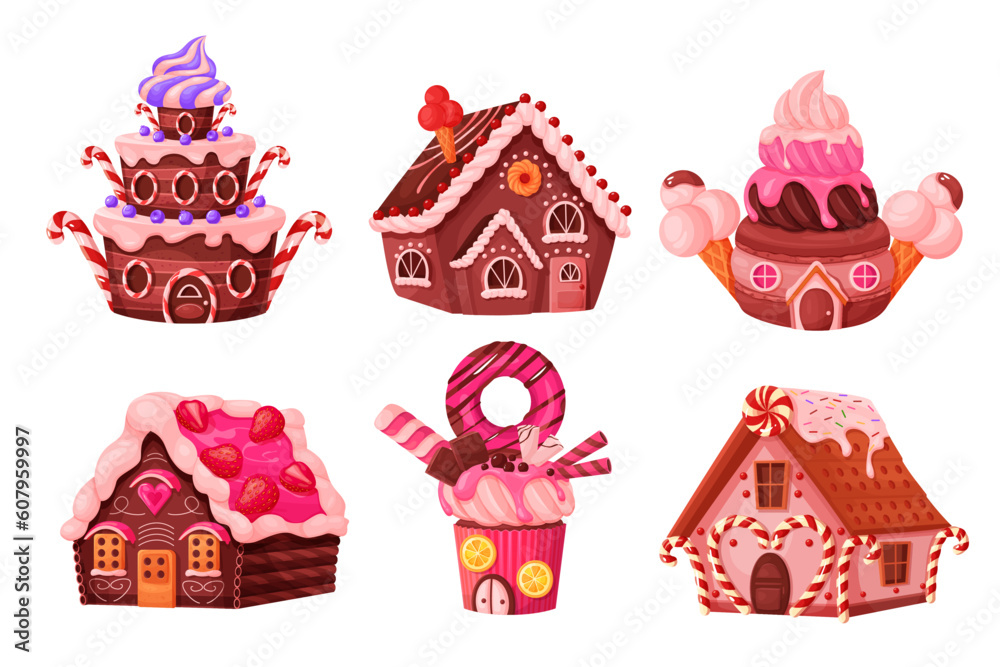Candy houses set vector illustration. Cartoon isolated gingerbread ...