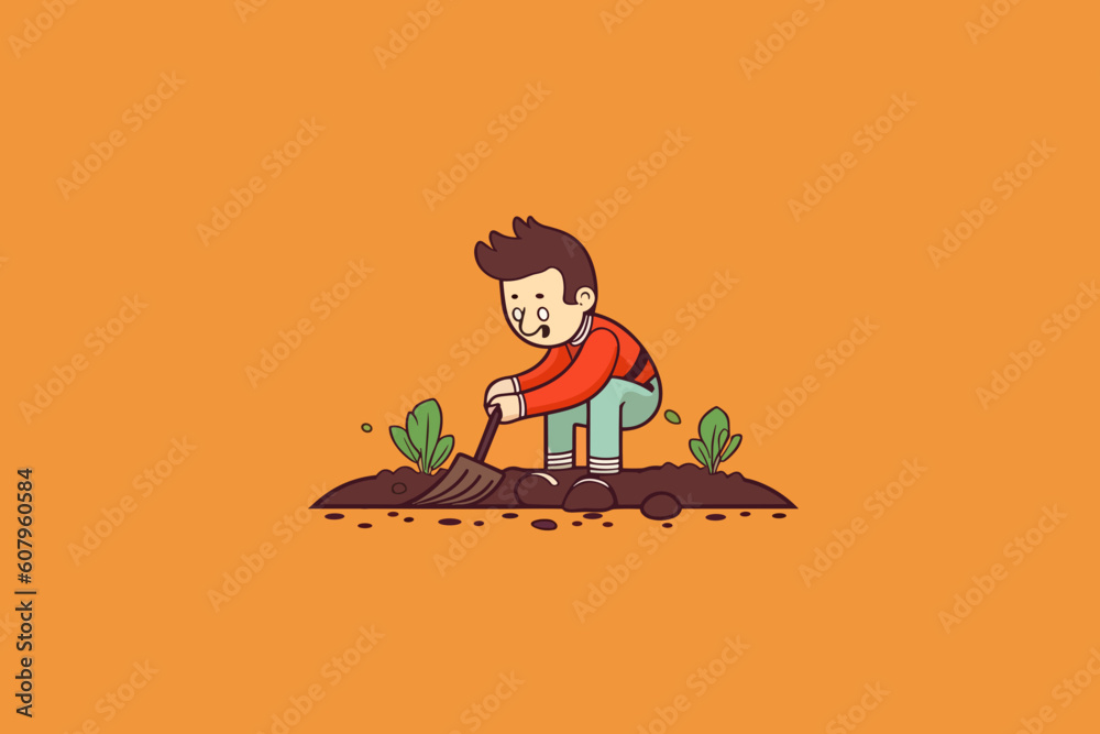 Doodle inspired Farmer fertilizing the soil, cartoon sticker, sketch ...