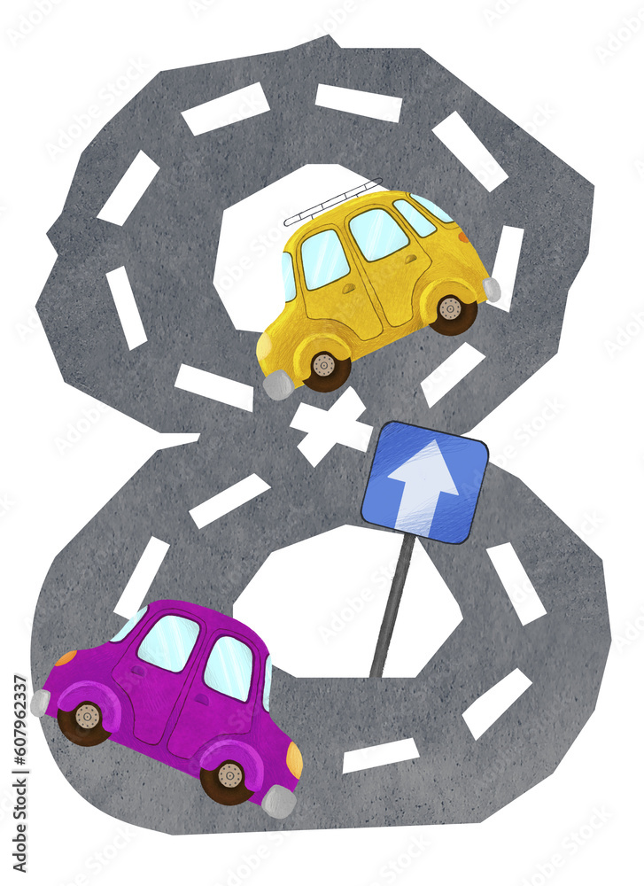Number eight (8) road and cars children illustration. Isolated on ...