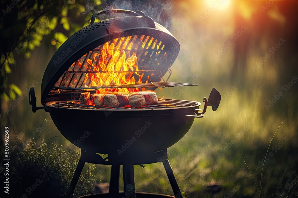 Open-air barbecue grill with fire. The flame of a fire. Generative AI ...