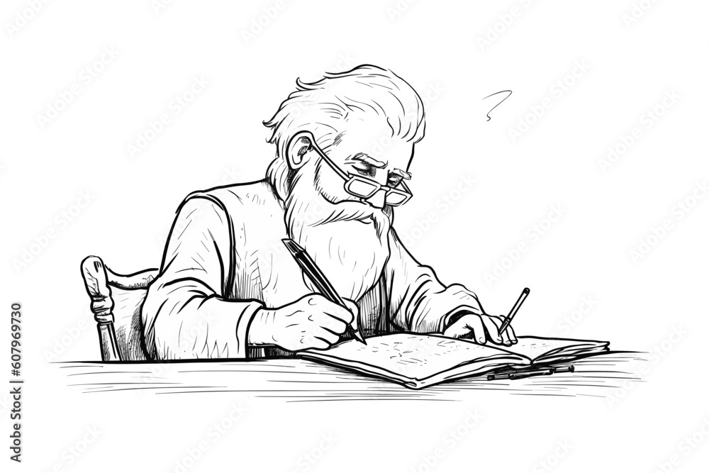 Doodle inspired Historian writing an article, cartoon sticker, sketch ...