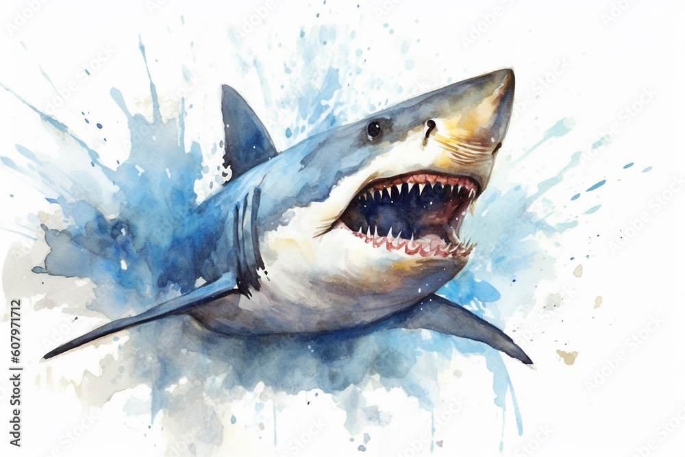 Watercolor painting of a shark swimming in the water. Beautiful ...
