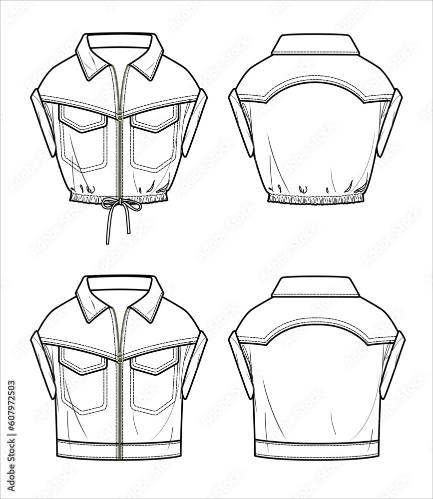 Vector drop shoulder jacket with zipper fashion CAD, woman sleeveless ...