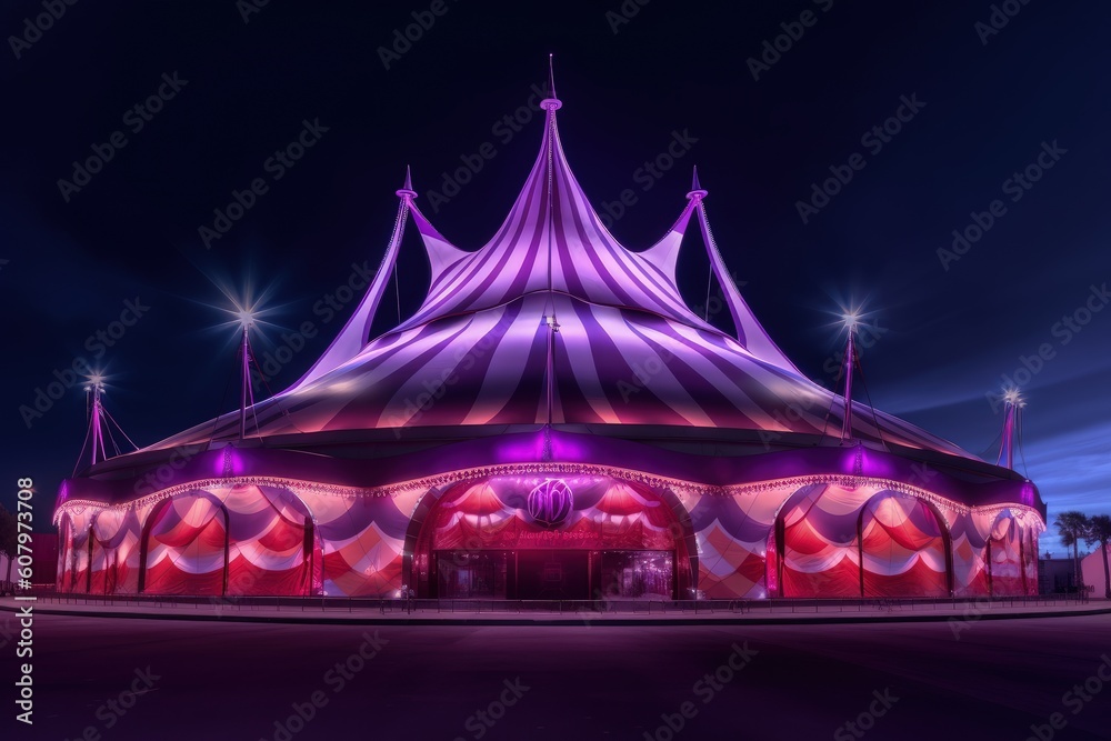 Circus with purple and violet lights in Las Vegas night, Circus facade ...