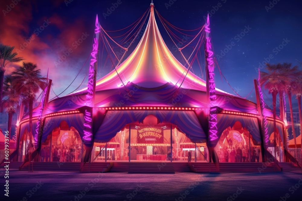Circus with purple and violet lights in Las Vegas night, Circus facade ...
