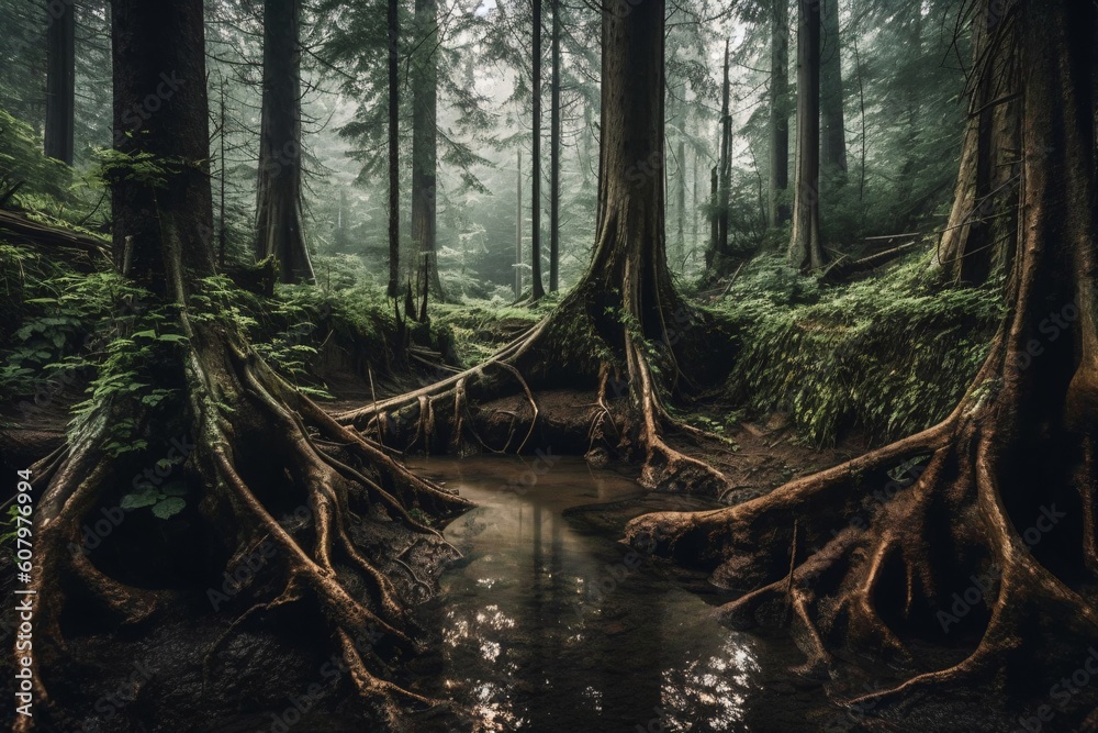paws between the mighty roots of three trees in the forest created with ...