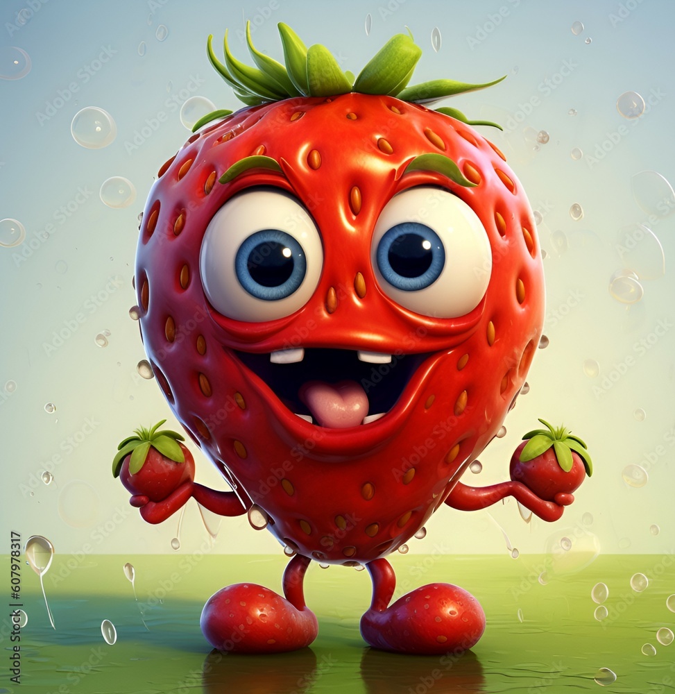 Funny cartoon strawberry with a wide smile on rainy light background ...