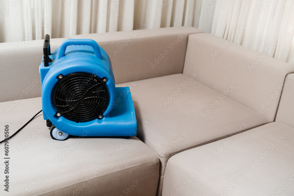Floor dryer blower fan machine drying wet couch after dry cleaning of ...