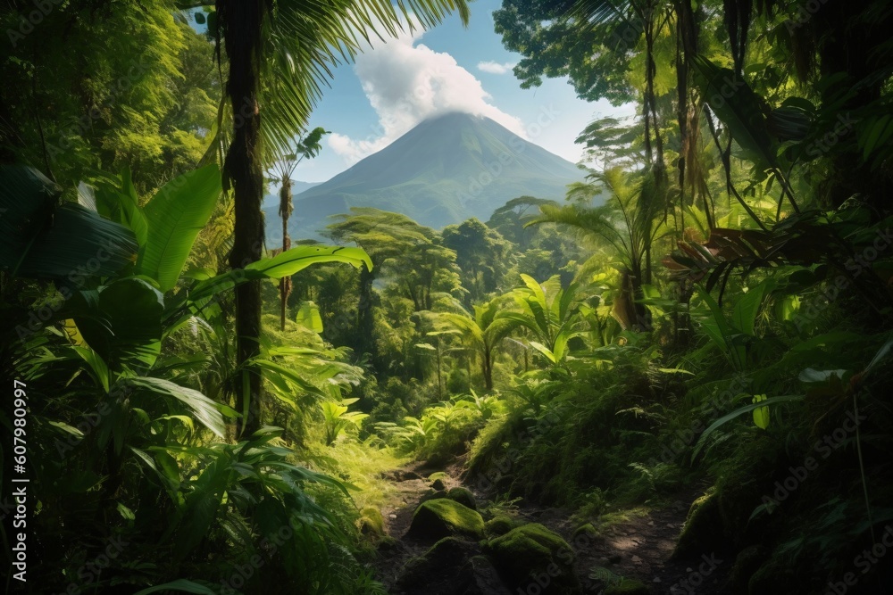 view through the green rainforest to a smoking volcano created with ...