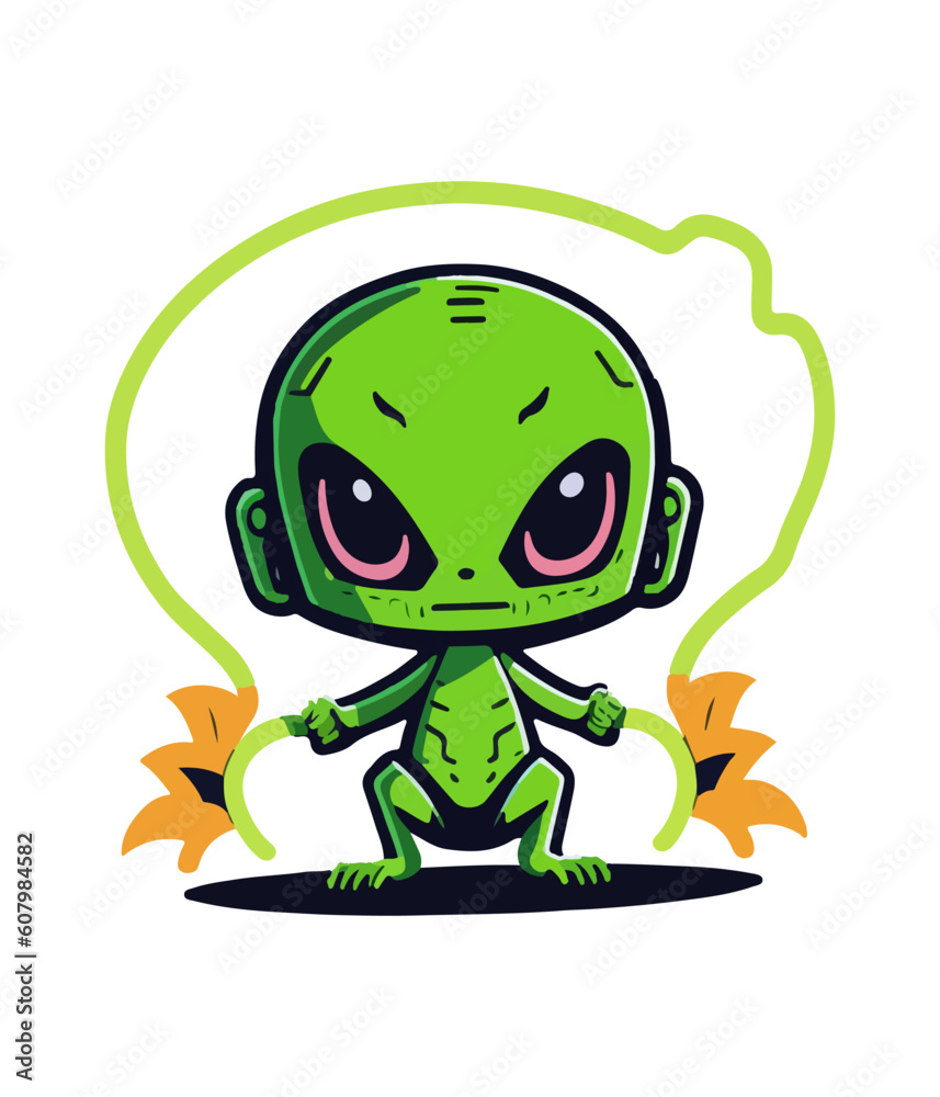 Vetor de Cute space alien sticker. Alien with ufo in flat cartoon style ...