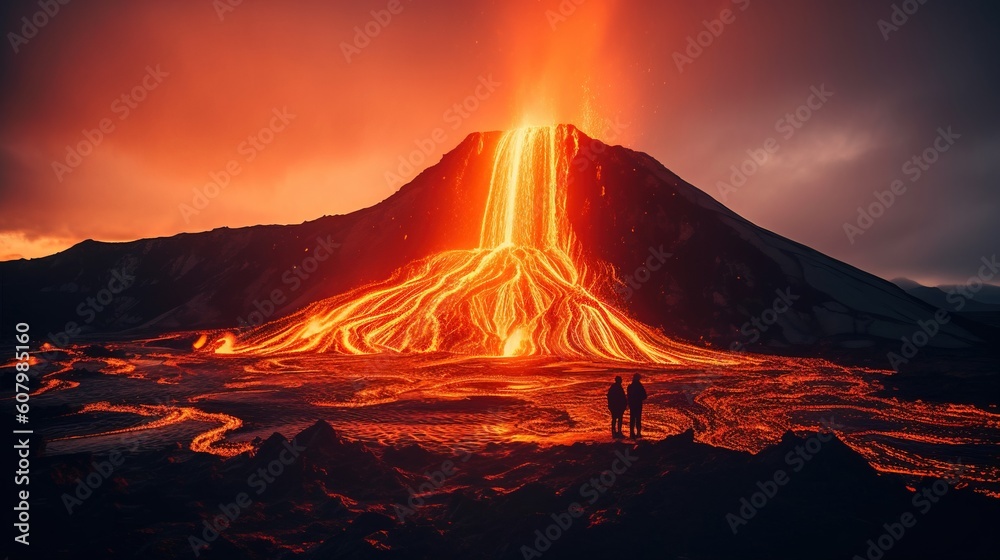 two people standing in front of a volcano. Generative AI Art. Stock ...