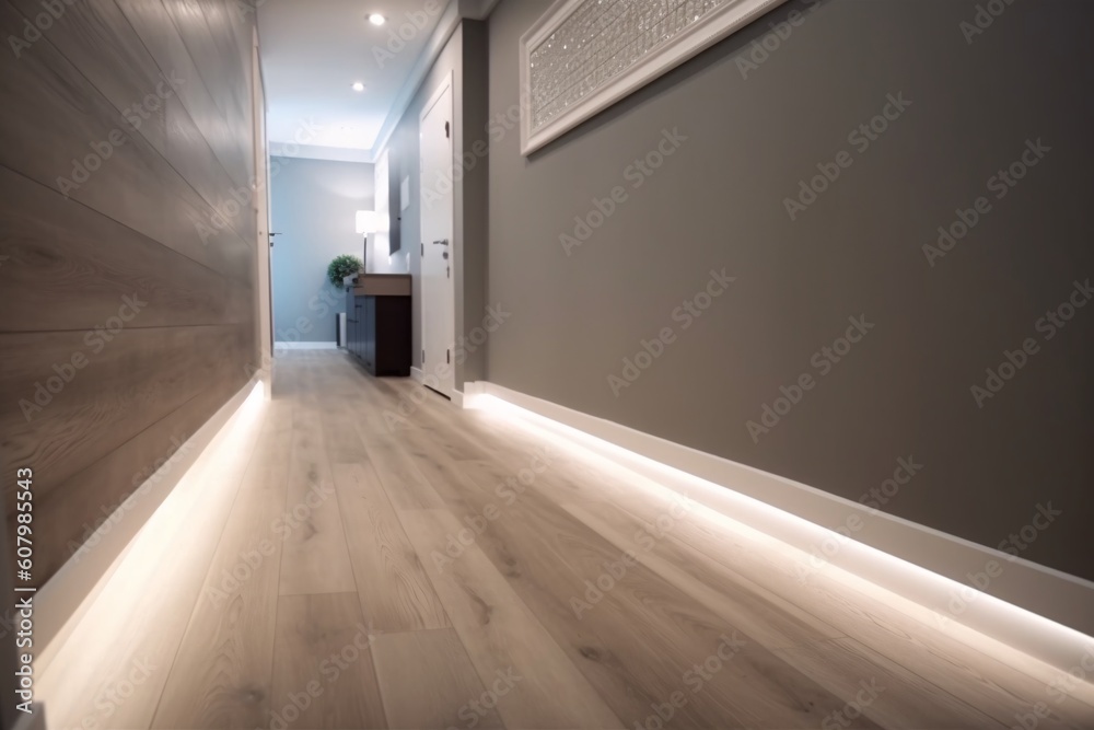 Interior of a modern house, wide corridor with a wooden floor. LED ...