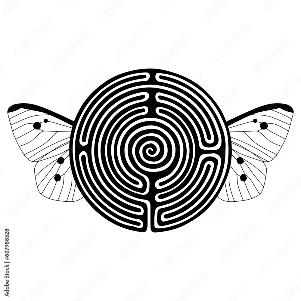 Round spiral maze or labyrinth symbol with butterfly wings. Flying ...