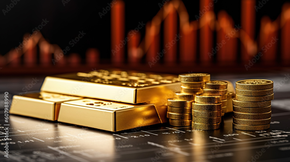 Gold bar resting on a stocks and shares graph representing investment. Generative AI Stock ...