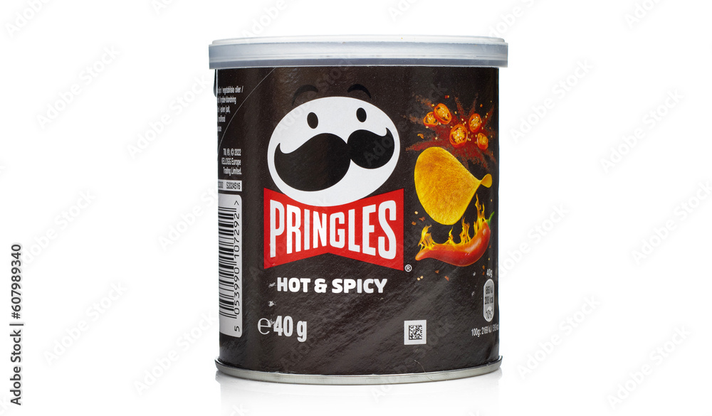 Pringles hot and spicy small black cylinder container package isolated ...