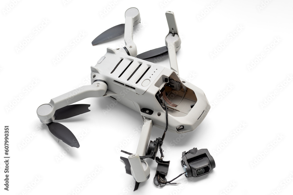 Crashed Drone With Scratched Camera and Broken Propellers Isolated on ...