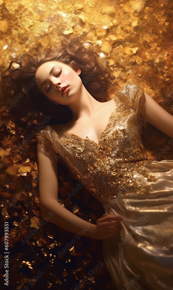 Gold dressed woman lying on gold glitter.Luxury and premium photography ...