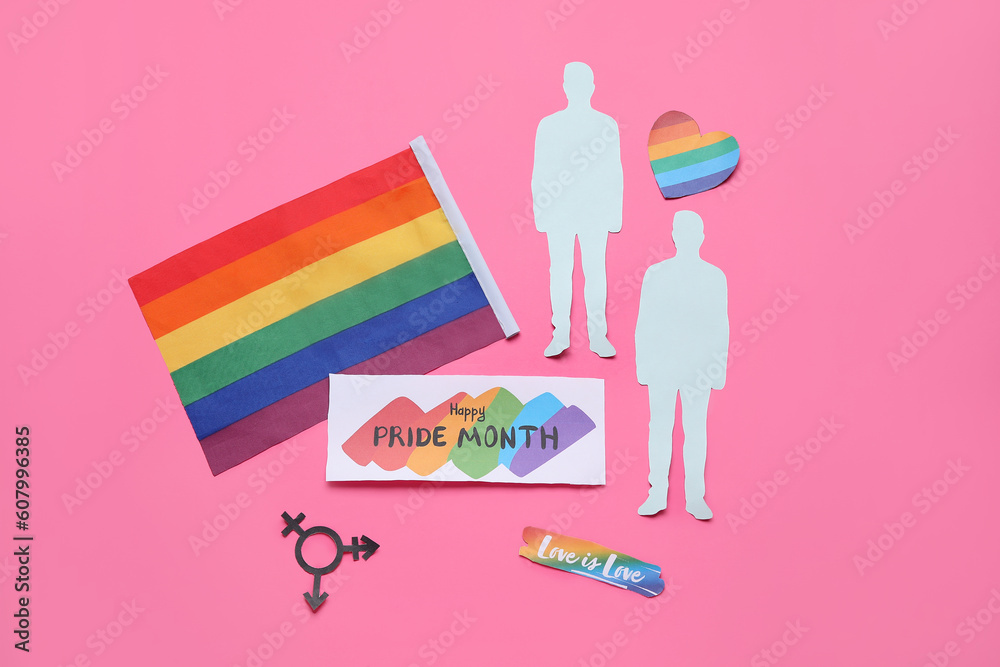 LGBT flag with card, heart, transgender symbol and paper male figures ...