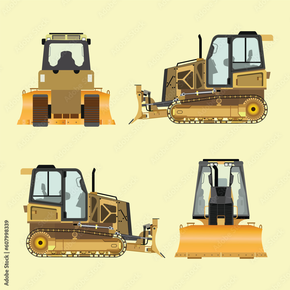 Yellow bulldozer with view from front, side and back view isolated on ...