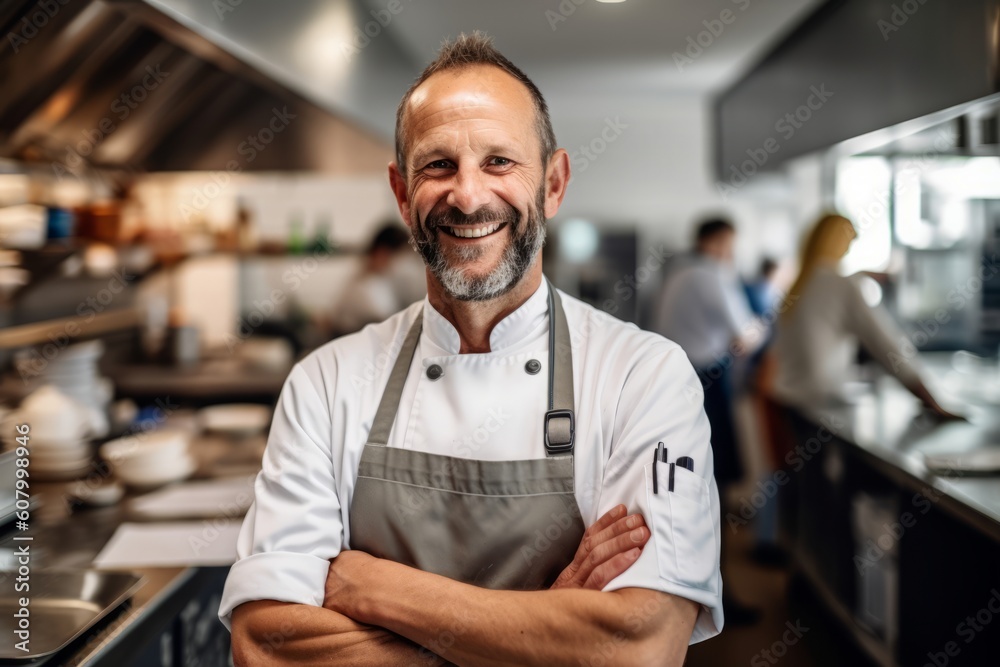 man in his 40s that is wearing a chef's uniform against a commercial ...