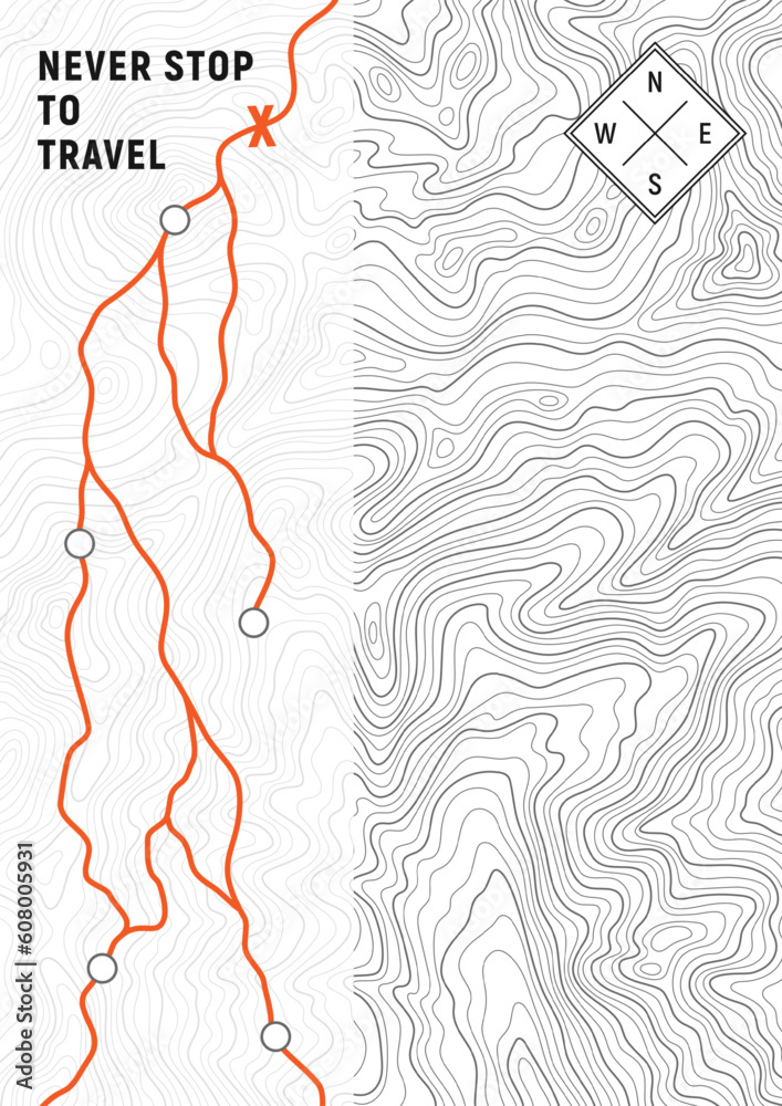 Travel poster of topographic line map. Vector line pattern of wood ...