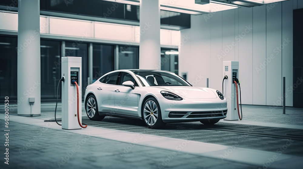 Photo & Art Print EV car in EV Station, green living concept ...