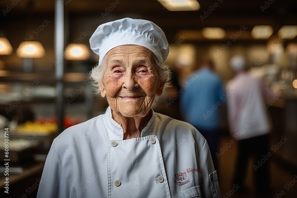 woman in his 90s that is wearing a chef's uniform against a commercial ...