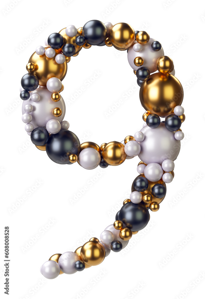 Number 9, Nine of jewelry balls in black and yellow gold and pearls ...
