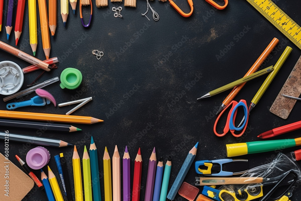 Ready-to-use school supplies on blackboard background for your design ...