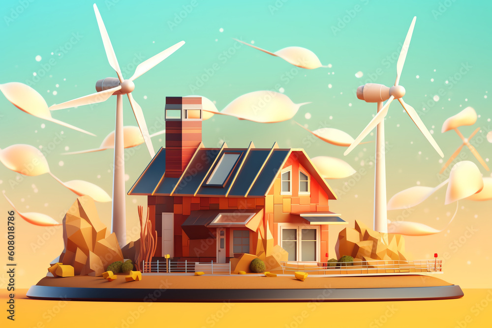 Generative AI Green energy illustration with a house, solar panels ...