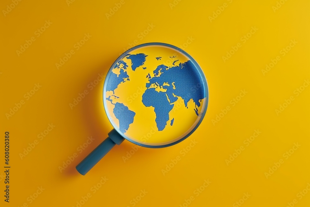 Magnifier with world map element. Global search concept. AI generated ...