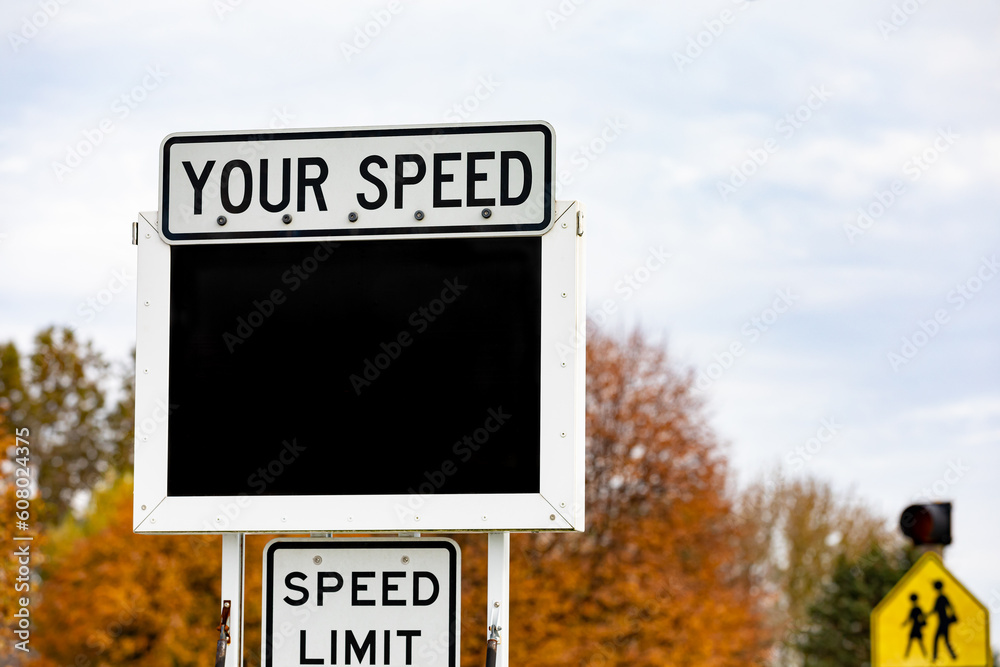 Radar speed trailer in residential neighborhood. Speeding ticket, speed ...