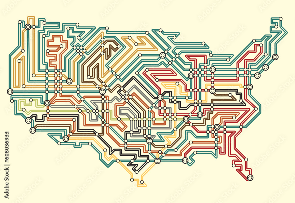 Editable vector illustrated map of the USA in underground map style ...