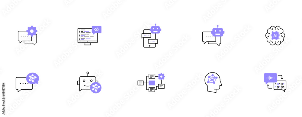 Vector icon set of Intelligent conversation, Language model symbol ...