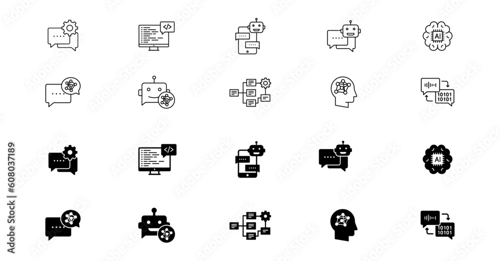 Black vector outline, line, flat icon set of Intelligent conversation ...