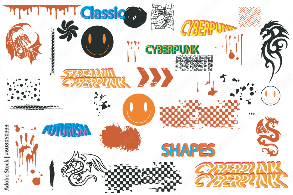 Retro futuristic, rave trip elements set. Acid geometric shapes style ...