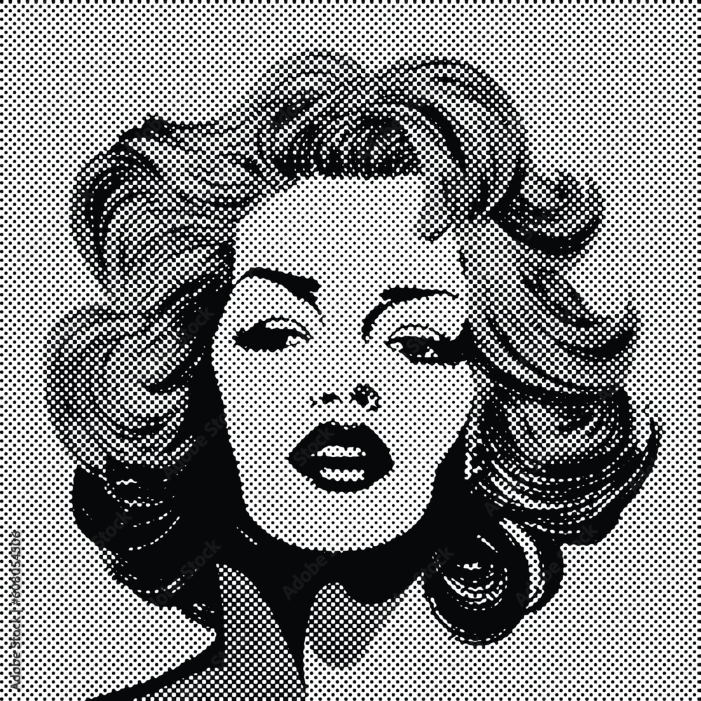 Black and white drawing of the girl's face, halftone dots background ...