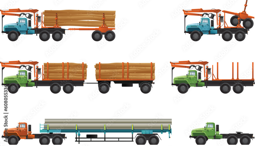 Vector color illustration of trucks. (pipe truck, short log truck ...