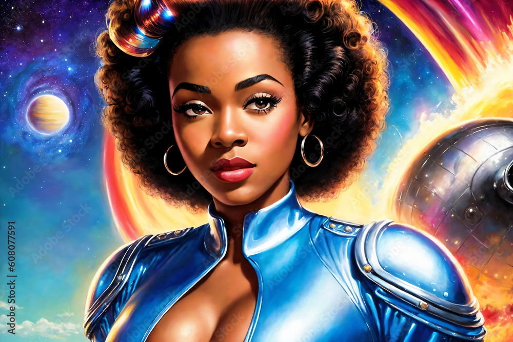 Portrait of a beautiful woman in a polished aluminum suit as an ...